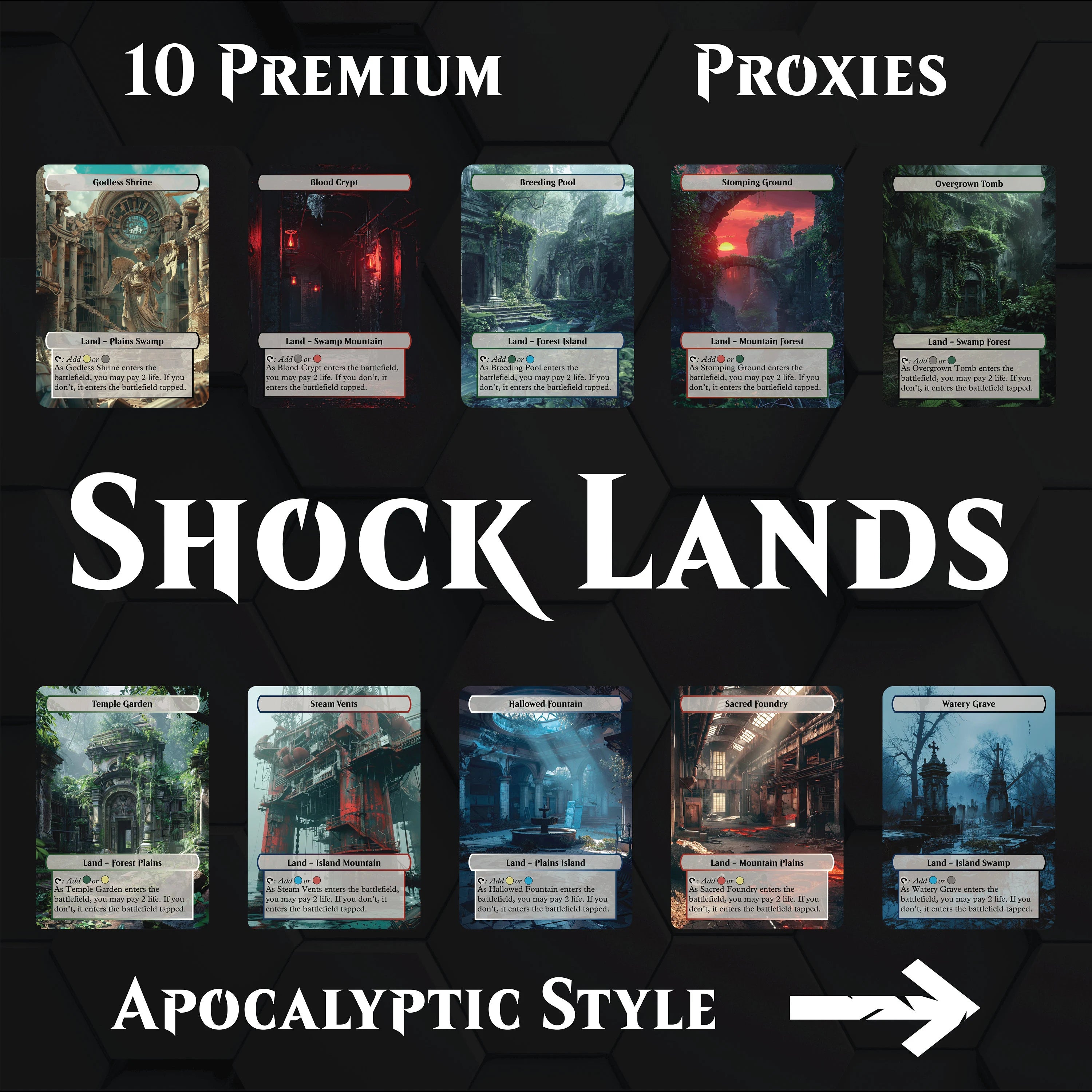 Premium Shock Lands Proxies- 10X Cards – Landfall Proxies